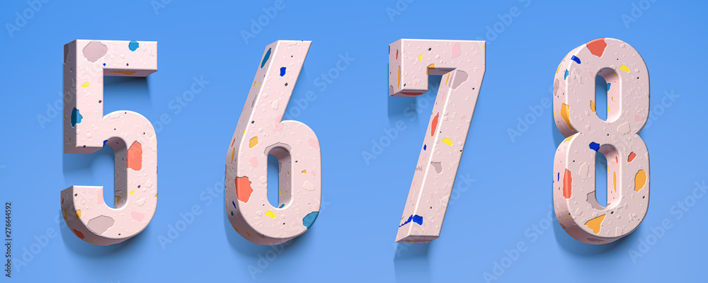 Trendy terrazzo stone texture. Font number 5, 6, 7, 8 digit shape with ...