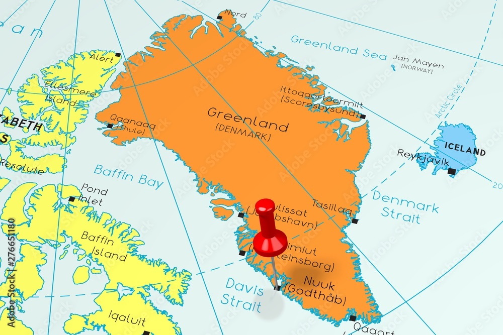 Greenland, Nuuk - main city, pinned on political map Stock Illustration ...