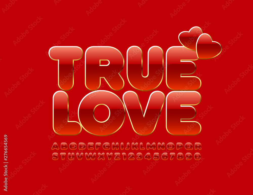Vector romantic card True Love with decorative hearts with Uppercase Font. Red and Golden chic ...