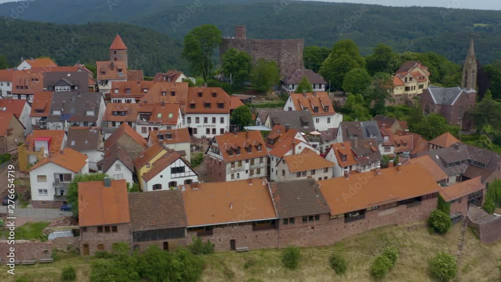 Aerial of the Dilsberg Castle in Germany beside the neckar river. Pan ...