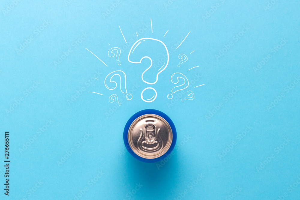 Tin can with a drink on a blue background with a question mark ...