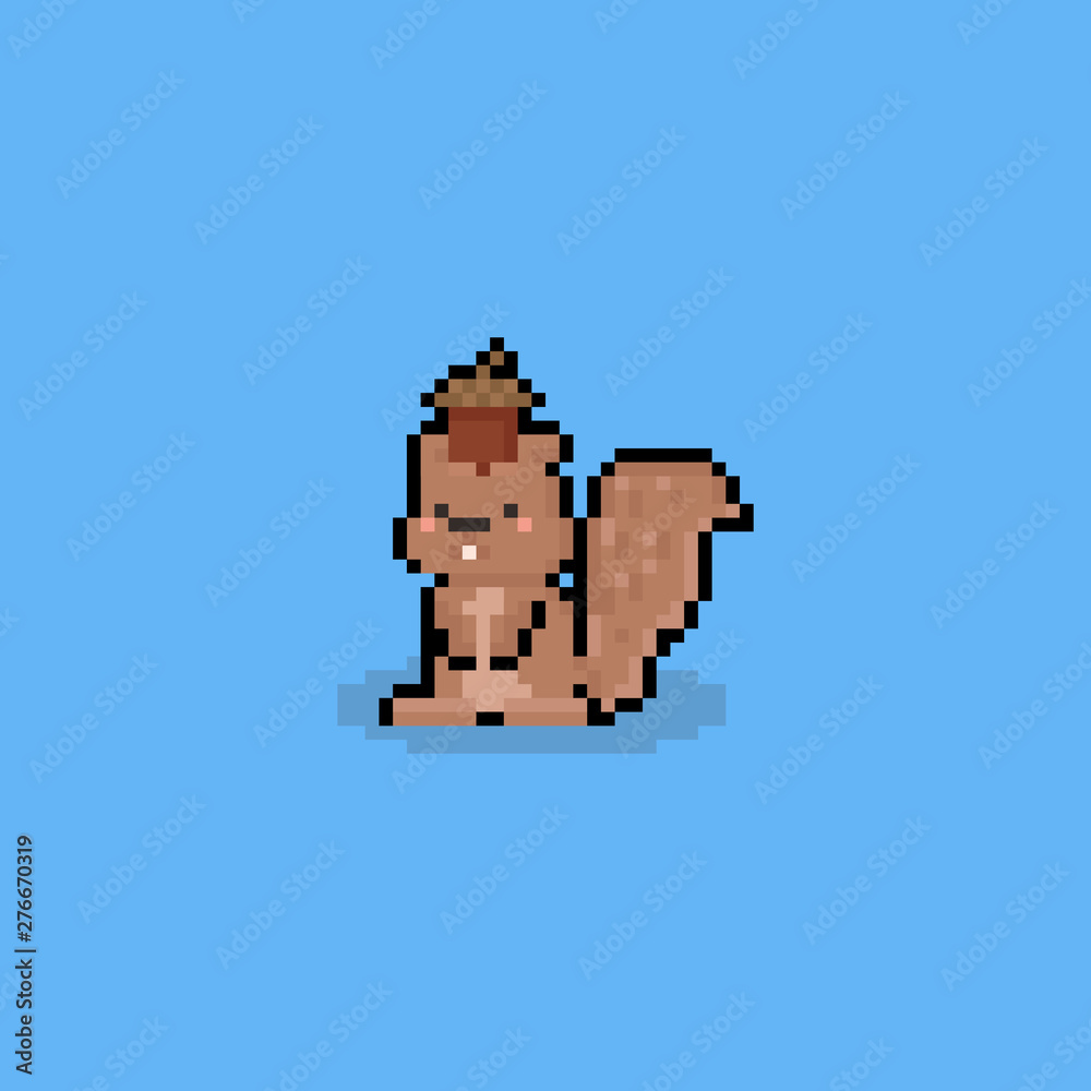 Pixel art cartoon squirrel character with nut on it head.8bit.Autumn ...