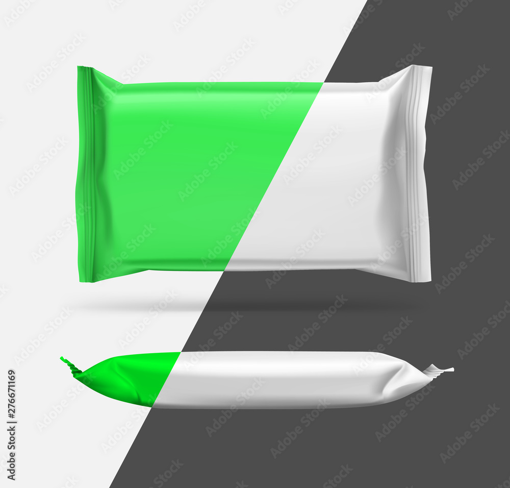 Realistic flow pack mockup. Front and side view. Vector illustration ...