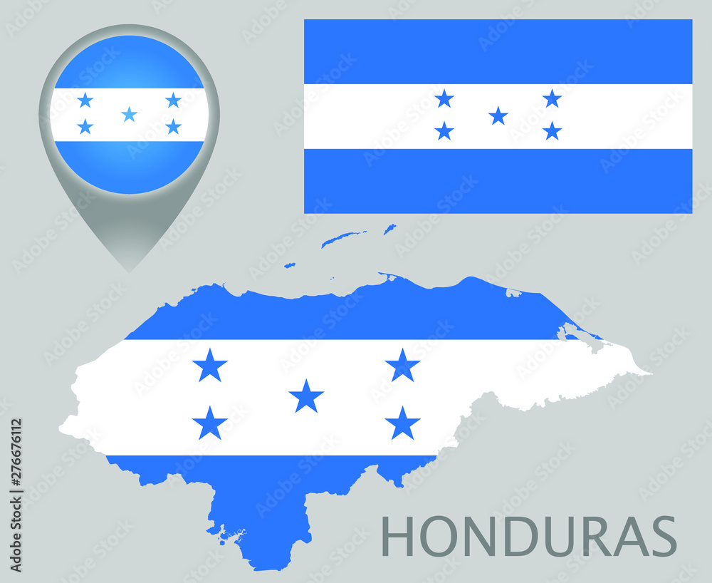 Colorful flag, map pointer and map of the Honduras in the colors of the ...