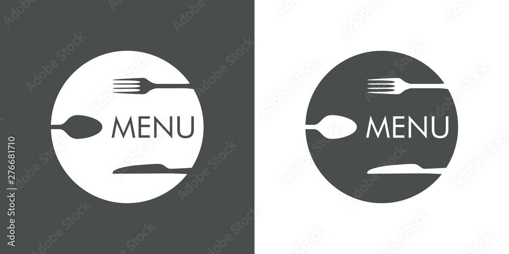 Logotipo abstracto con texto MENU con cubiertos en espacio negativo en ...