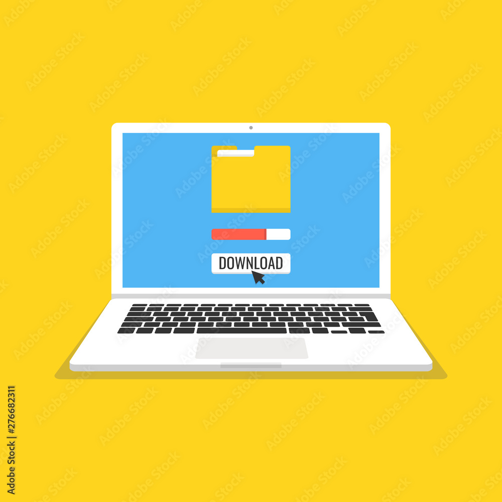 Laptop and progress bar on the screen. Downloading file, information ...