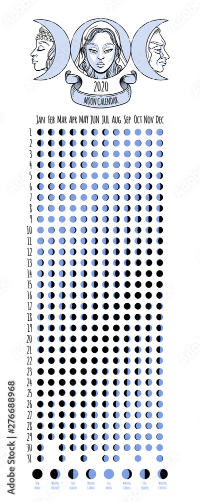 Moon calendar, 2020 year, lunar phases, cycles. Design illustrated with ...