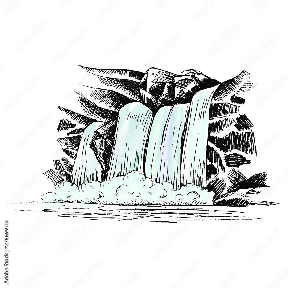 Waterfall vector sketch. Cascade waterfall in the rocks hand-drawn ...