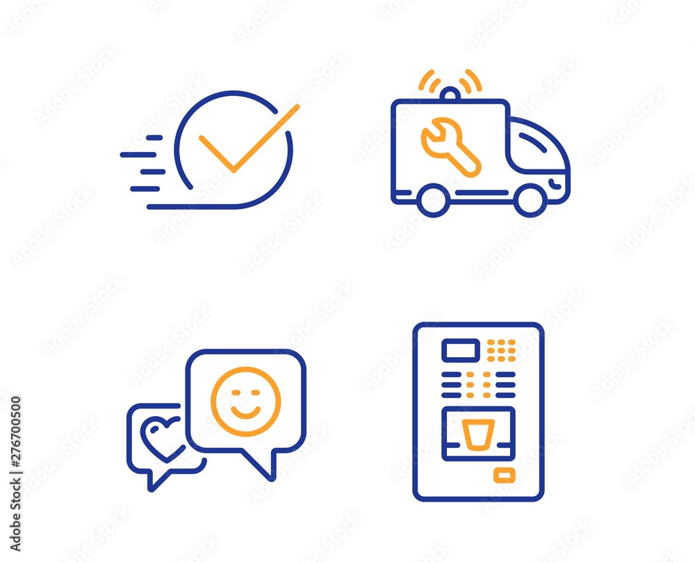 Checkbox, Smile and Car service icons simple set. Coffee vending sign ...