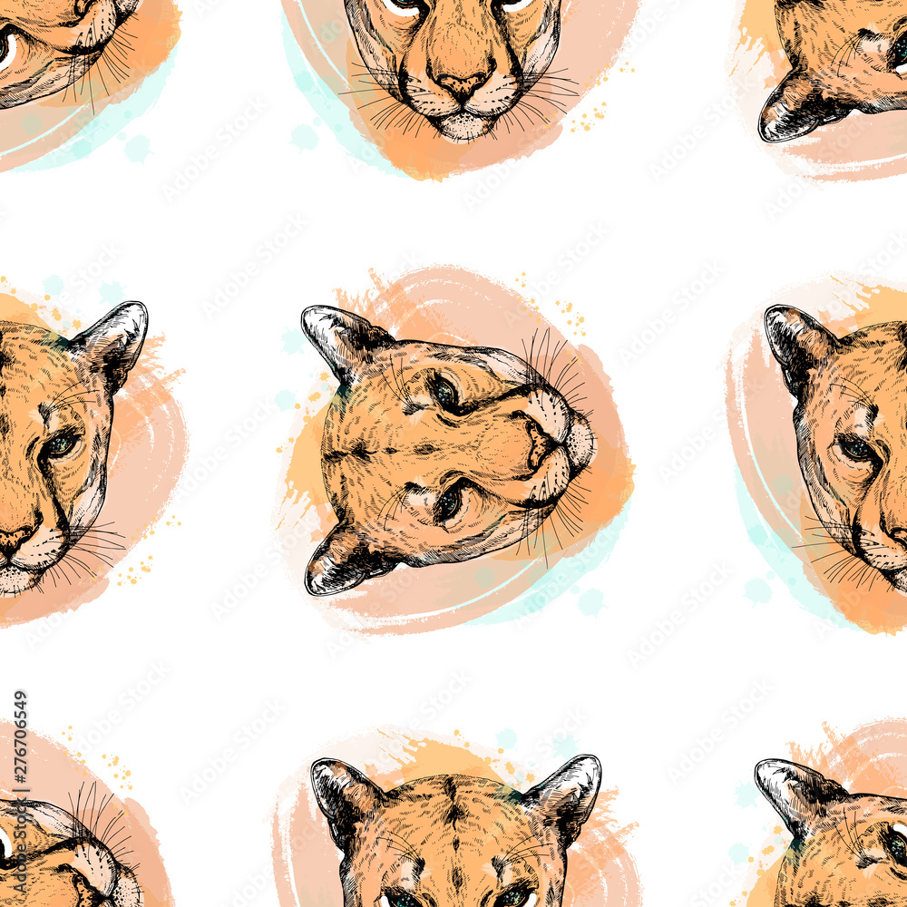Seamless pattern of hand drawn sketch style portraits of puma isolated ...