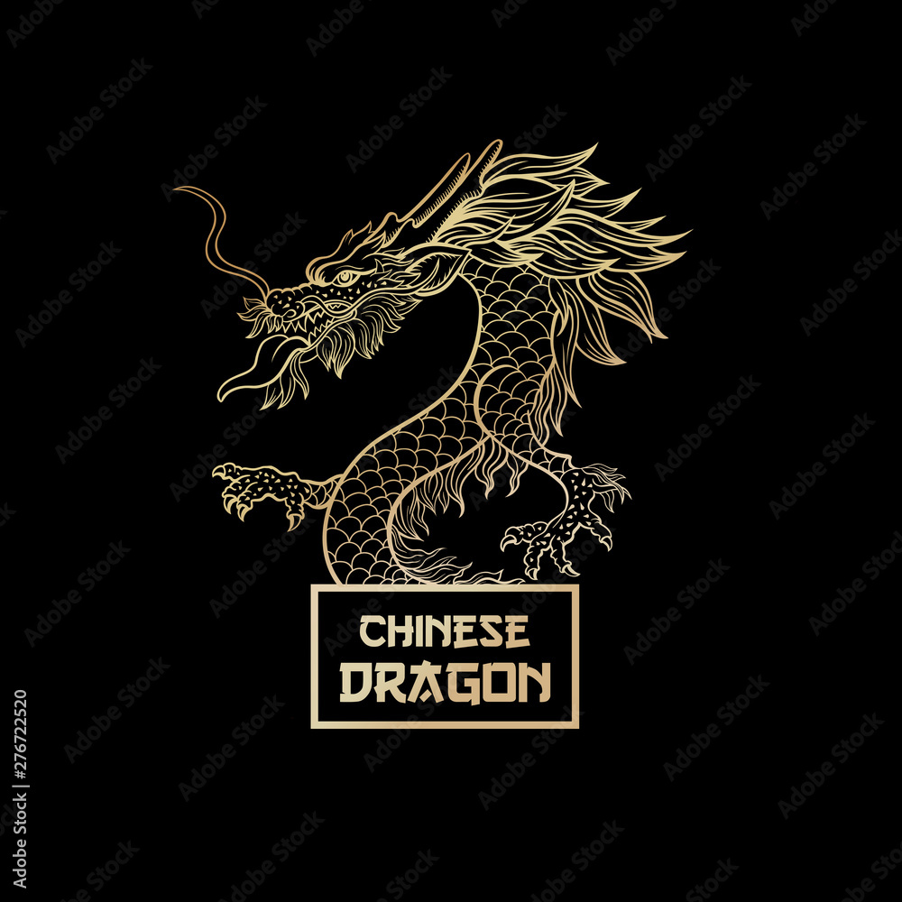 Asian golden dragon vector postcard template. Traditional Chinese ...