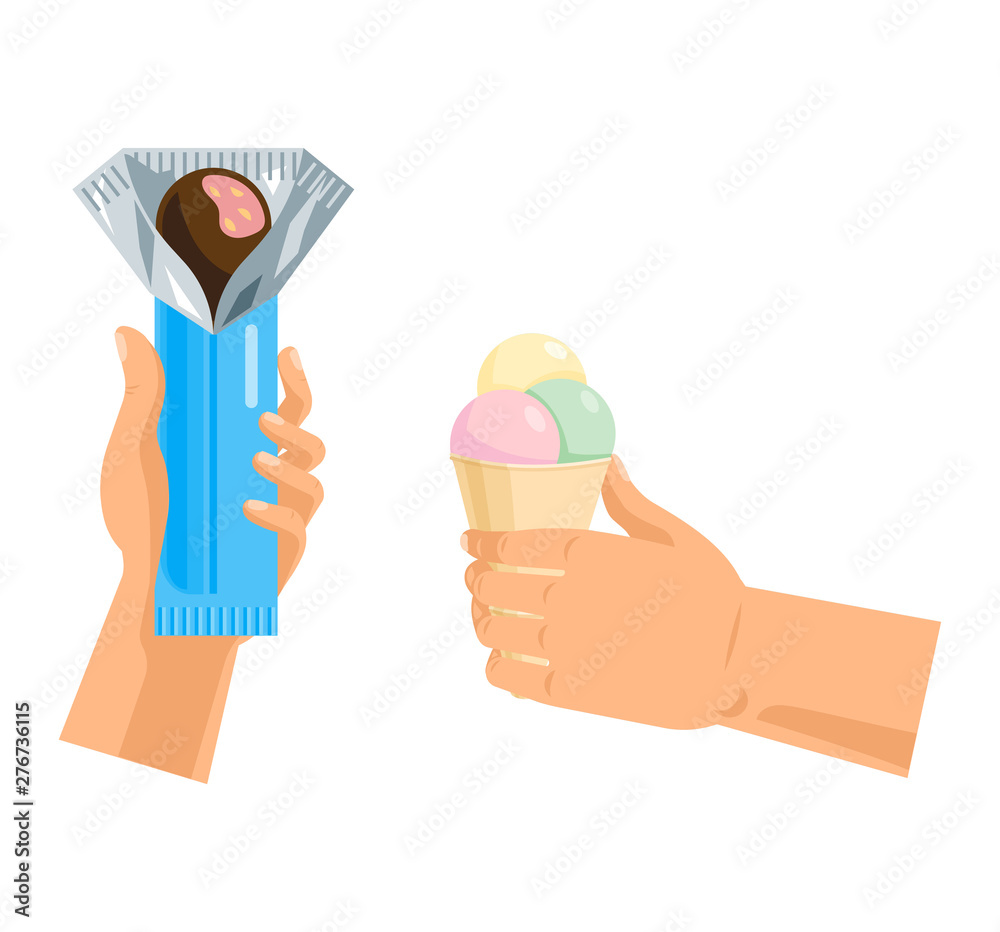 Hands offers sweetness with cake vector arm holding chocolate ...