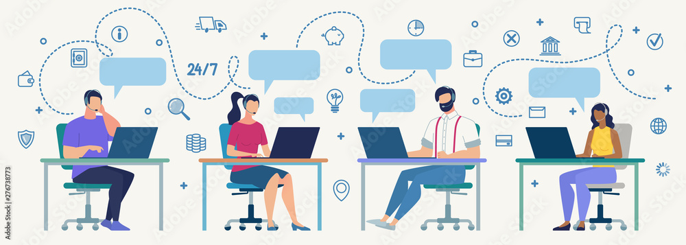 Vetor de Call Center Operators at Work Flat Vector Concept do Stock ...