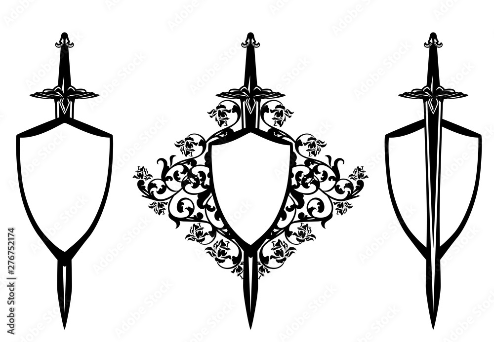 shield and sword among rose flowers - decorative medieval protection ...