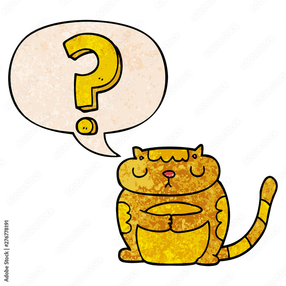 cartoon cat and question mark and speech bubble in retro texture style ...