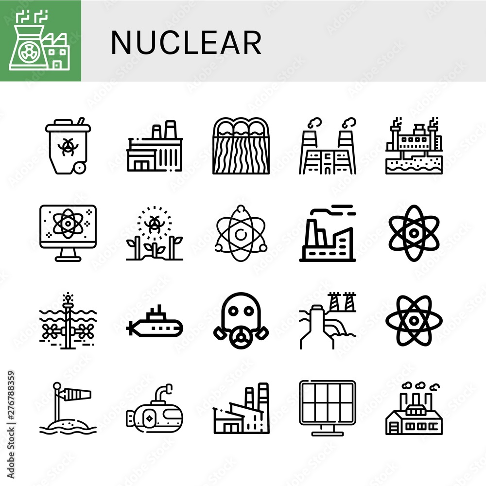 Set of nuclear icons such as Nuclear power, Radioactive, Factory, Hydro ...