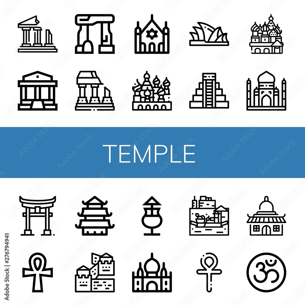Set of temple icons such as Ruins, Parthenon, Dolmen, Ruined, Synagogue ...