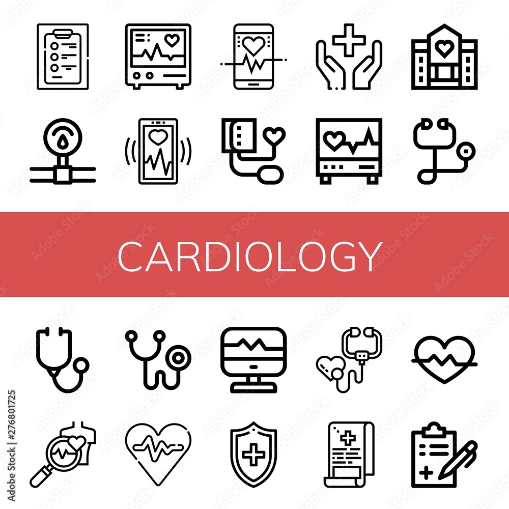 Set of cardiology icons such as Diagnosis, Pressure, Electrocardiogram ...