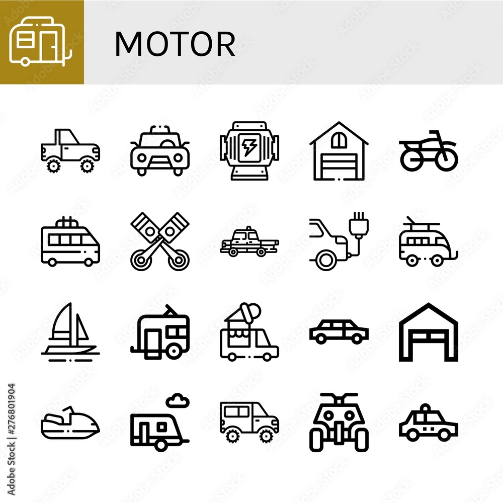 Set of motor icons such as Caravan, Jeep, Taxi, Generator, Garage ...