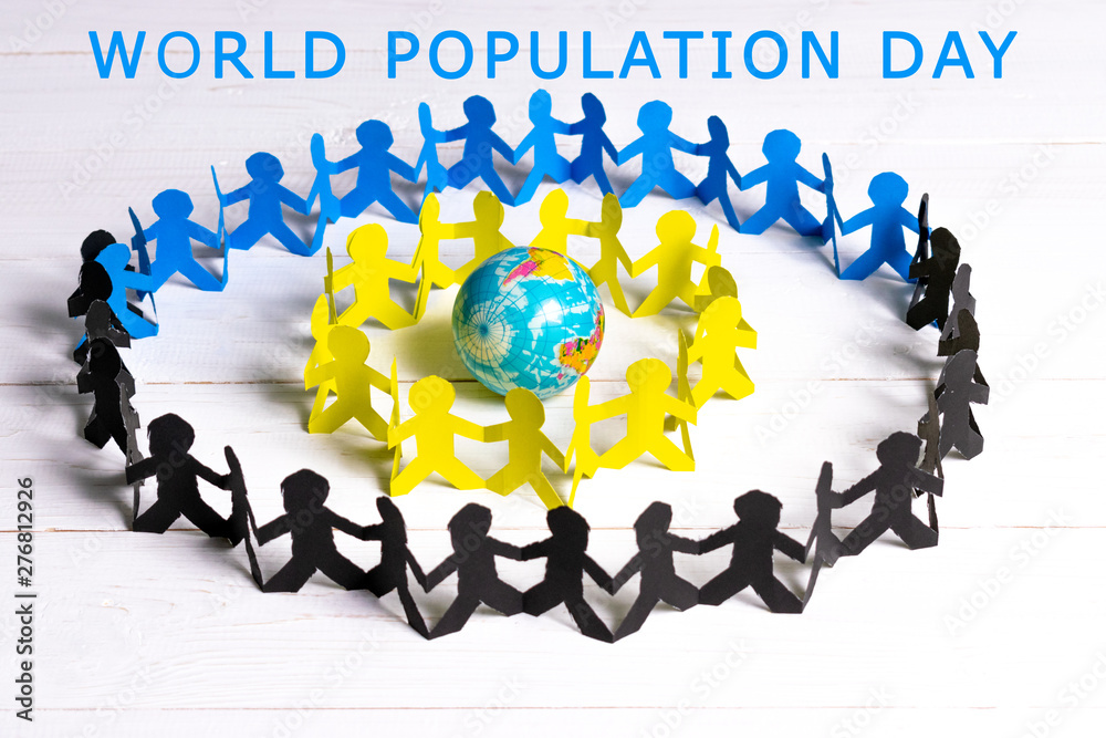 Circle of paper people holding hands around the globe made of paper cut ...