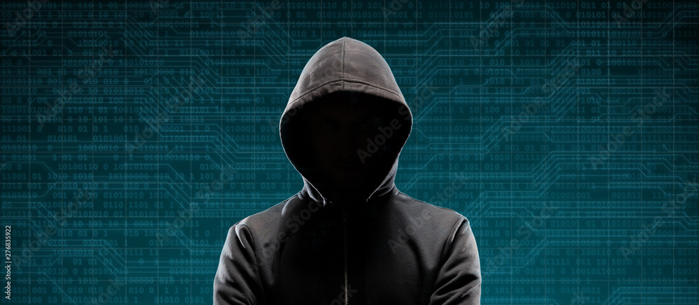 Dangerous hacker over abstract digital background with binary code ...