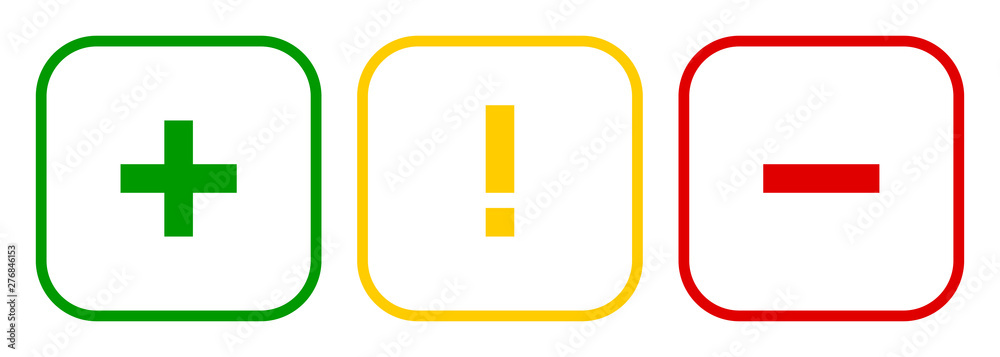 Set of square plus sign, exclamation point, minus sign icons, buttons ...