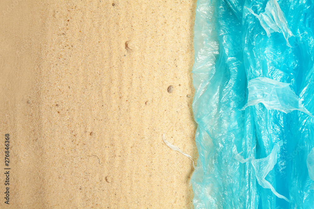 Creative artwork concept of plastic pollution. Sea from plastic bag ...