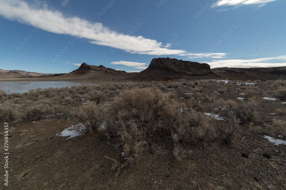 Moonlit night in Nevada, USA with starry night sky above mountains ...