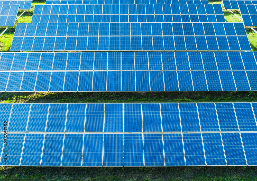 Aerial view of Solar Panels Farm (solar cell) with sunlight. Drone ...