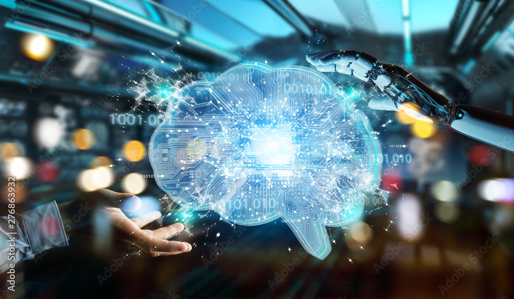 Robot creating artificial intelligence in a digital brain 3D rendering ...