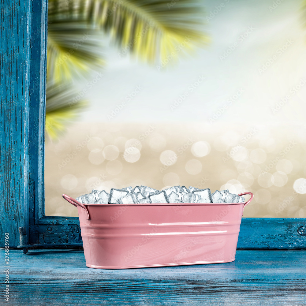 Ice cubes in metal containe and summer window sill background of free ...