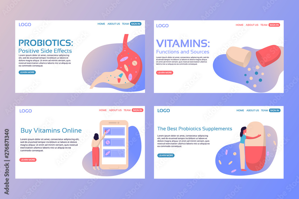 Vitamins web page concepts. Web page design templates set of probiotics ...