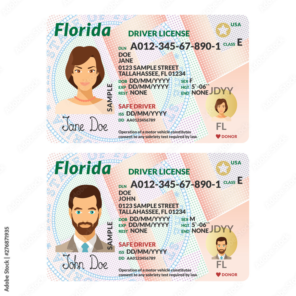 Vector Template Of Sample Driver License Plastic Card For USA Florida 