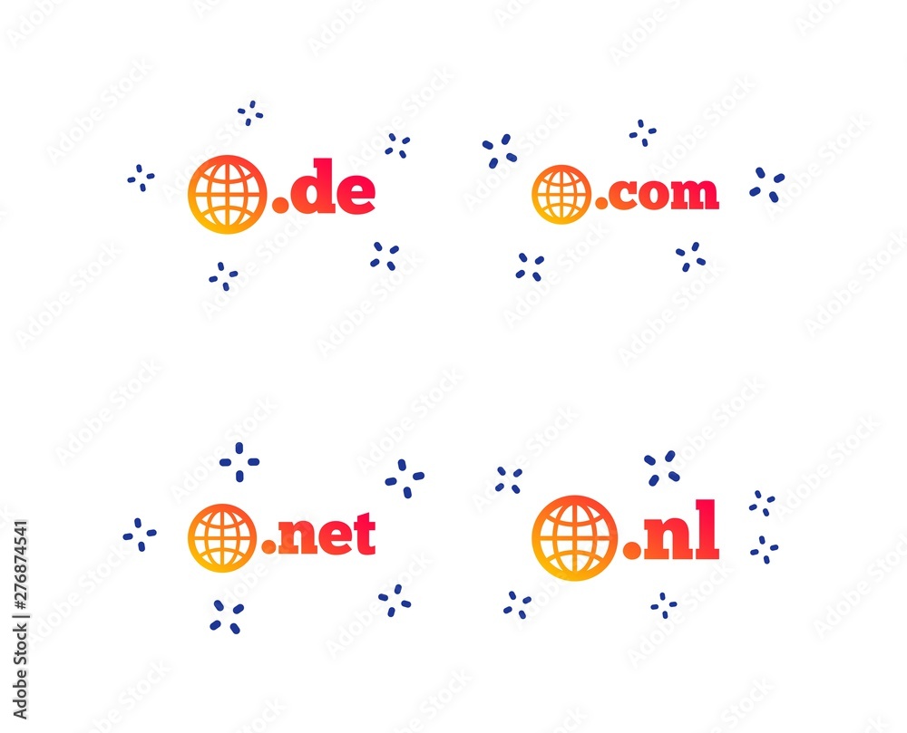 Top-level internet domain icons. De, Com, Net and Nl symbols with globe ...