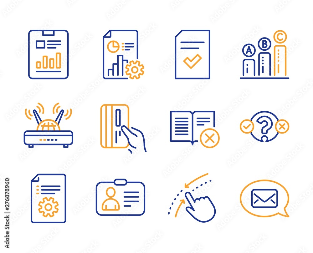 Report, Quiz test and Swipe up icons simple set. Wifi, Id card and ...