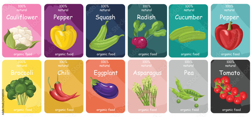 Vegetables labels Vector flat style. Cauliflower, pepper, cherry ...