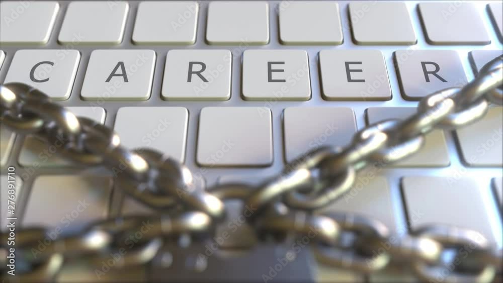 CAREER text on the keys of a keyboard with padlock and chains. Restriction related conceptual 3D ...
