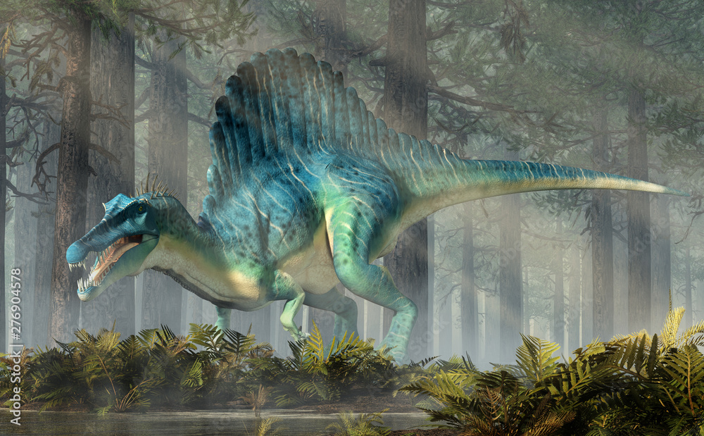 A spinosaurus in a forest. Spinosaurus was semi-aquatic dinosaur from ...