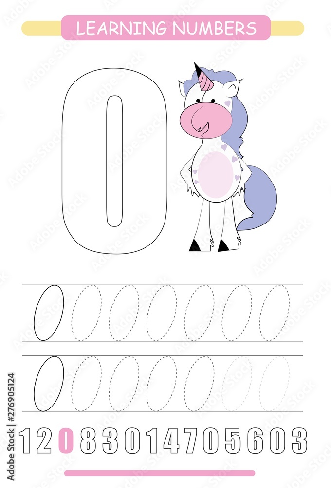 Funny children flashcard number zero. Unicorn with hearts learning to ...