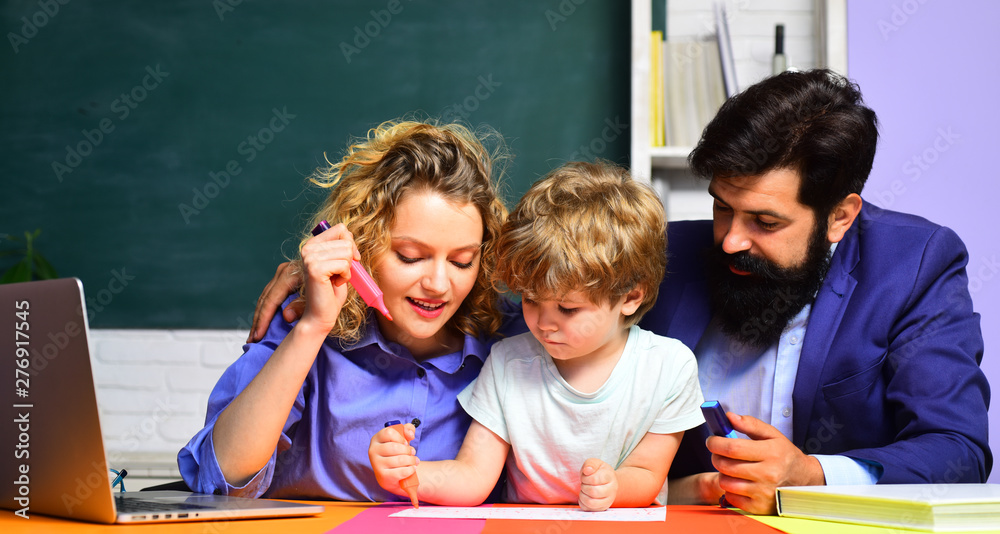 Parent taking child to school. School boy in first grade. Family school ...