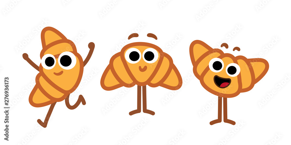 Set of croissants cartoon doodle characters. Happy funny food mascots ...