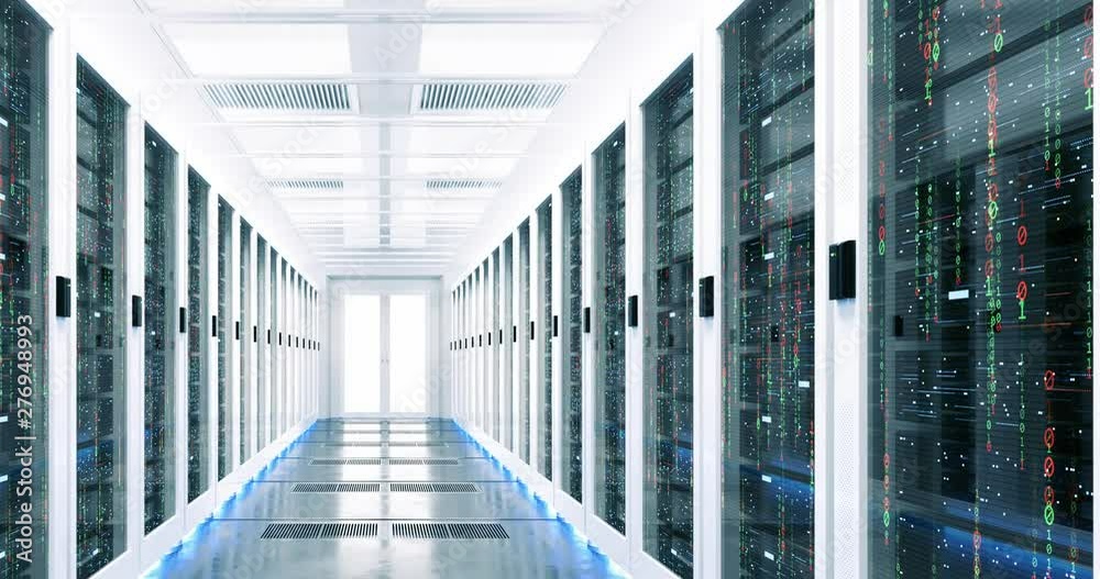 3D Render of Fly Through Rack Servers in Data Center. Digitalization of ...