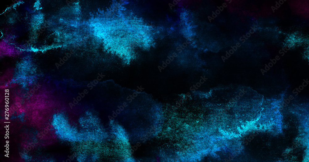 Dark glowing blue neon watercolor on black paper illustration. Creative ...