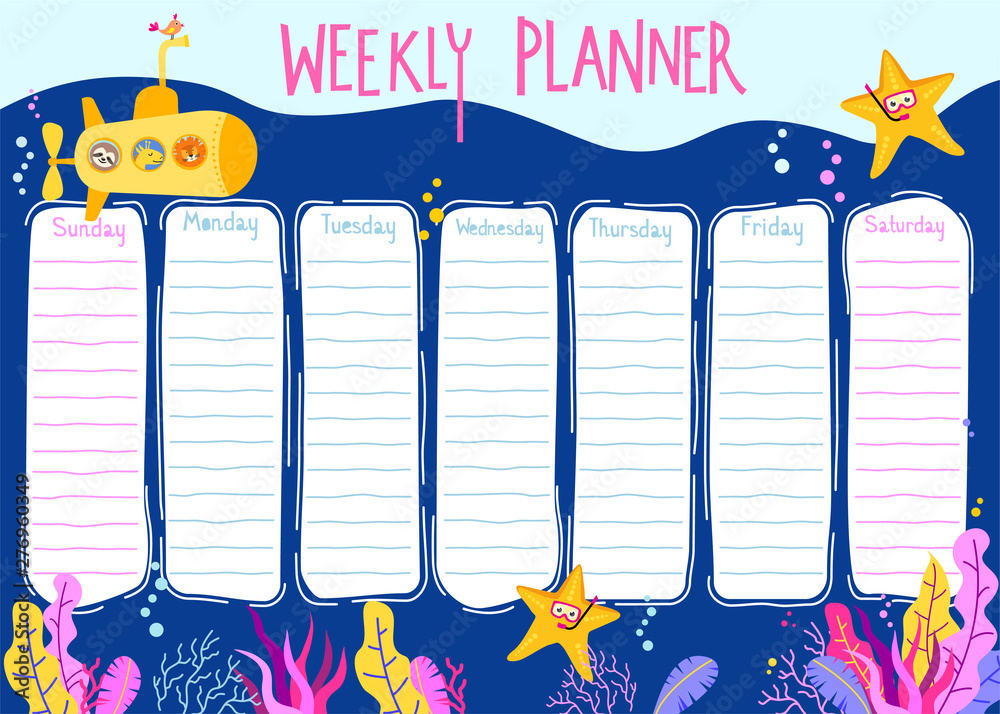 Weekly planner with cute yellow submarine in cartoon style. Kids ...