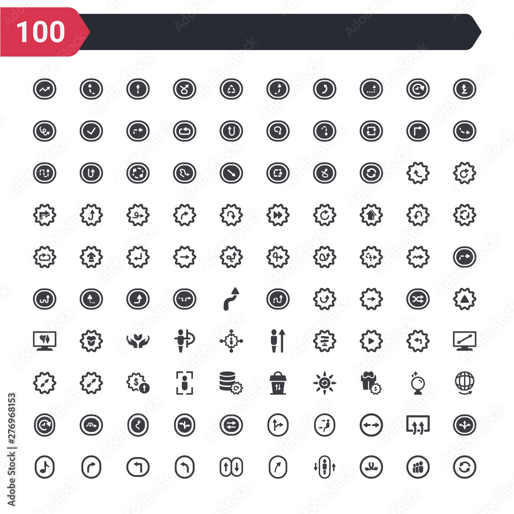 100 ui icons set such as continuous, move content, lift, right curve ...