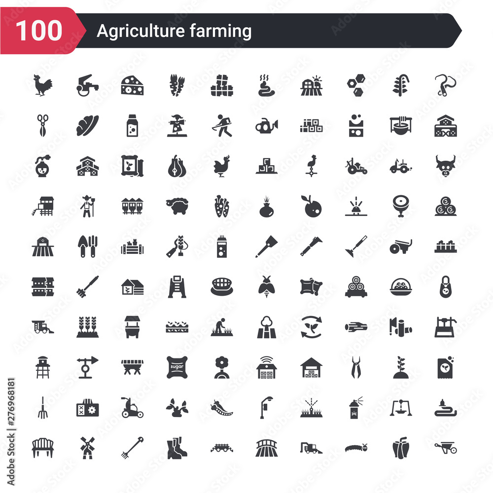 100 agriculture farming icons set such as barrow, caterpillar, combine ...