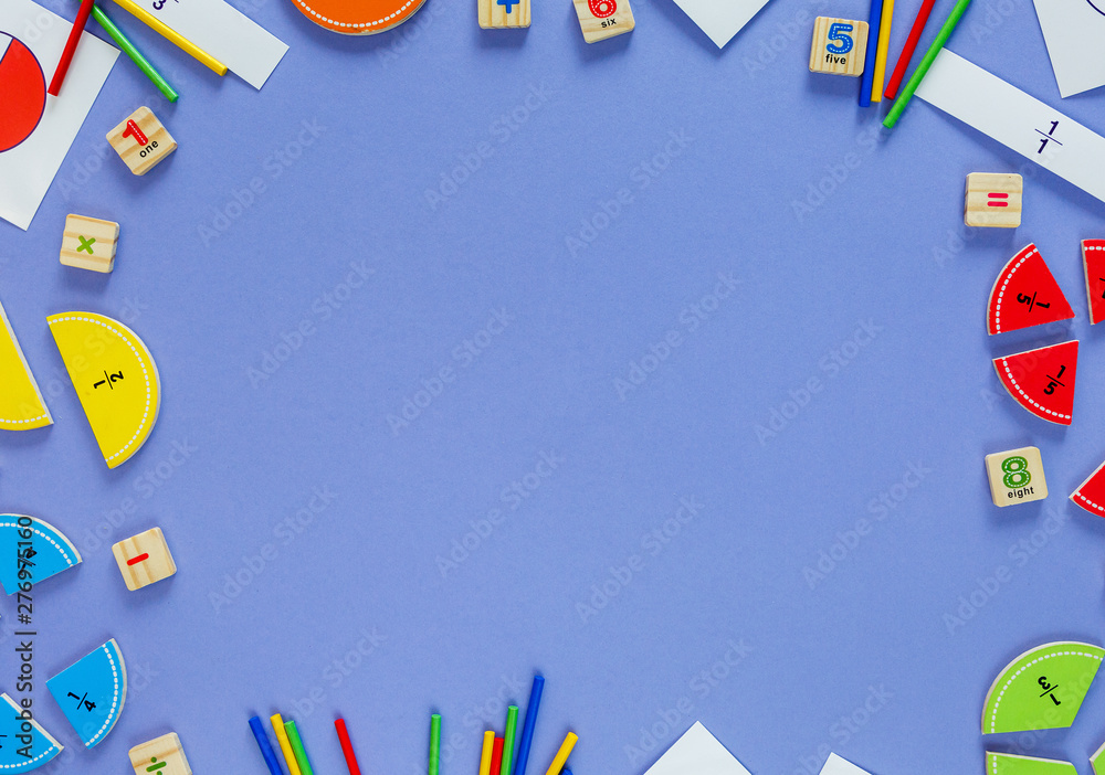 Сolorful math fractions on violet background. Interesting math for kids ...
