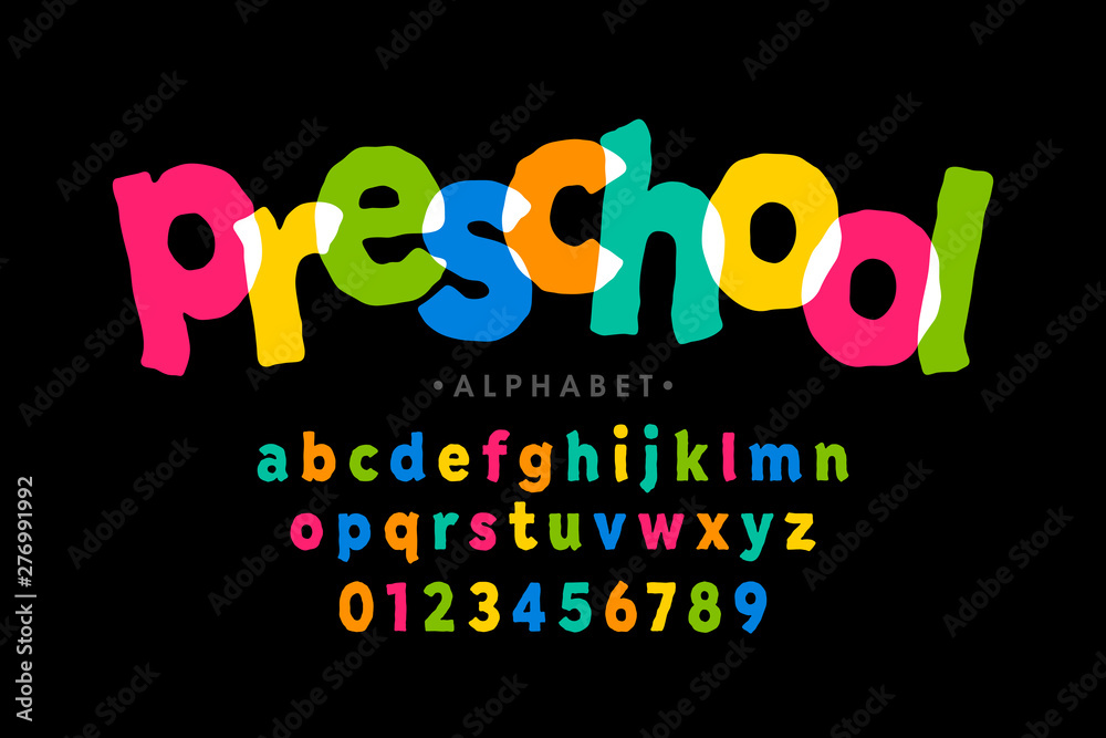 Preschool, kids style colorful font, alphabet letters and numbers Stock ...