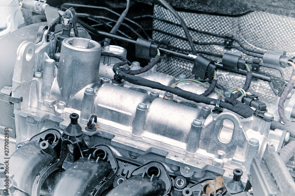 car engine for auto vehicle in service closeup front side view of parts ...
