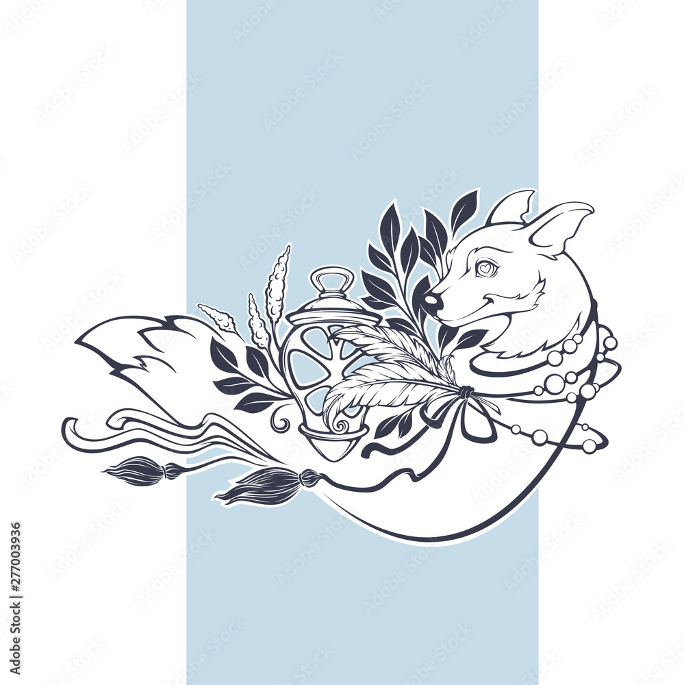 Magic Fox, fantasy vector illustration with fox, lantern, plants and ...